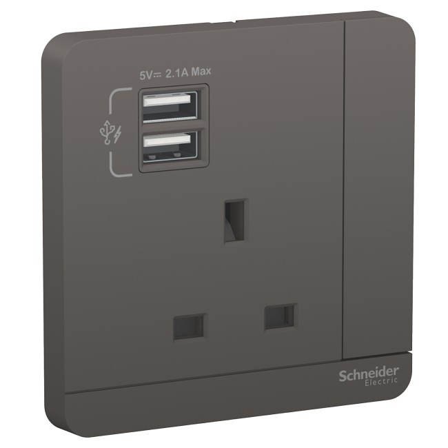 Schneider AvatarOn 2 USB charger + switched socket 3P 13A Dark Grey E8315USB_DG_G12